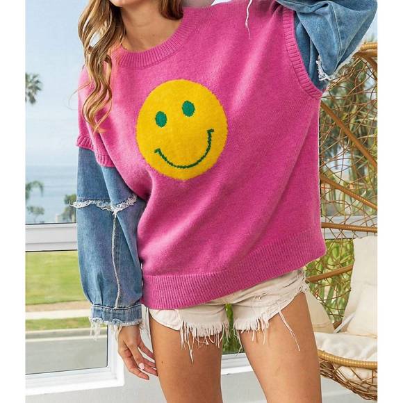 BiBi | Sweaters | New Bibi Smiley Pattern Denim Sleeve Sweater In Pink ...
